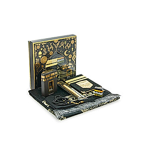 ihvan online Prayer Gift Set for Men & Women, Muslim Prayer Rug, Prayer Mat, Beads Taasbih, Velvet Covered Yaseen, Muslim Kufi Hat, Miswak, Islamic Gift Set for Ramadan & Eid, Black