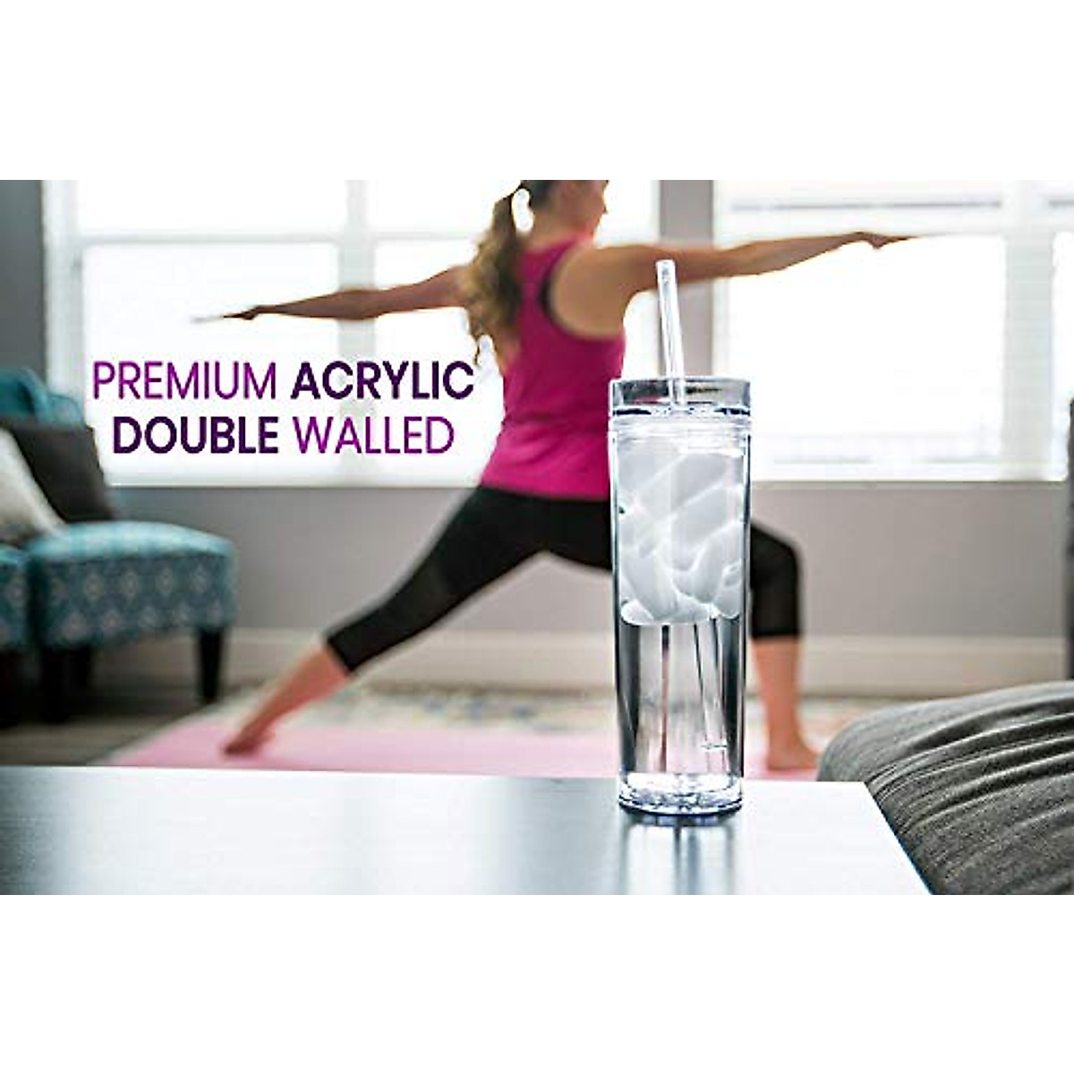 STRATA CUPS SKINNY TUMBLERS 12 Clear Acrylic Tumblers with Lids and Straws | Skinny, 16oz Double Wall Clear Plastic Tumblers With FREE Straw Cleaner & Name Tags! Reusable Cup With Straw (Clear, 12)