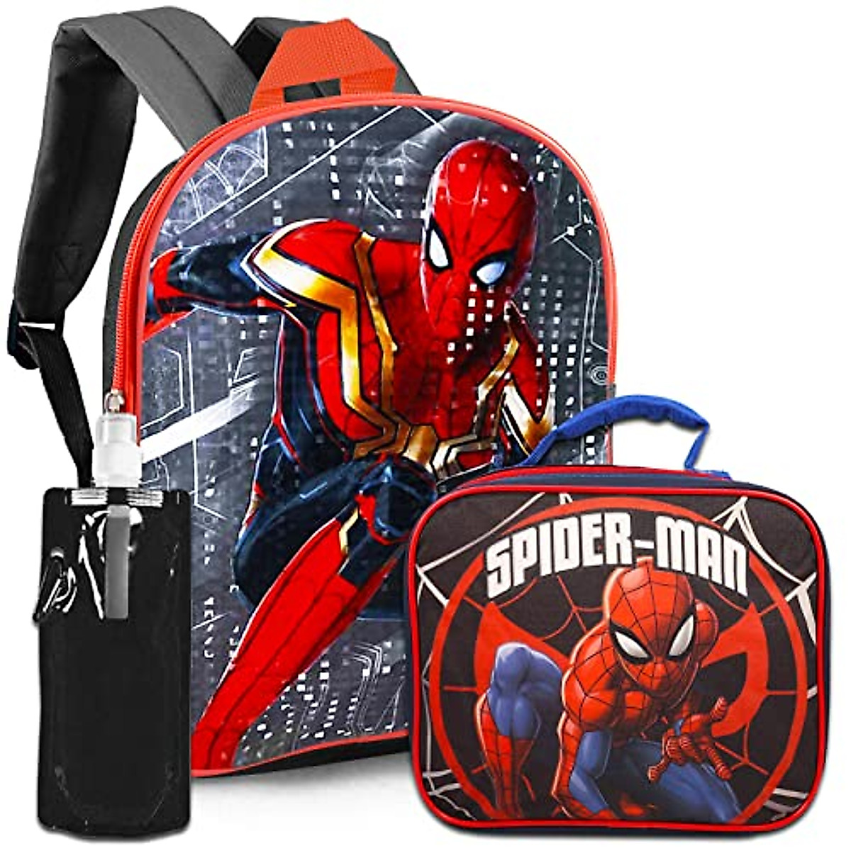 Spiderman Backpack and Lunch Box for Boys - Bundle with 15” Spiderman Backpack, Spiderman Lunch Bag, Water Pouch | Spiderman School Backpack with Lunch Kit