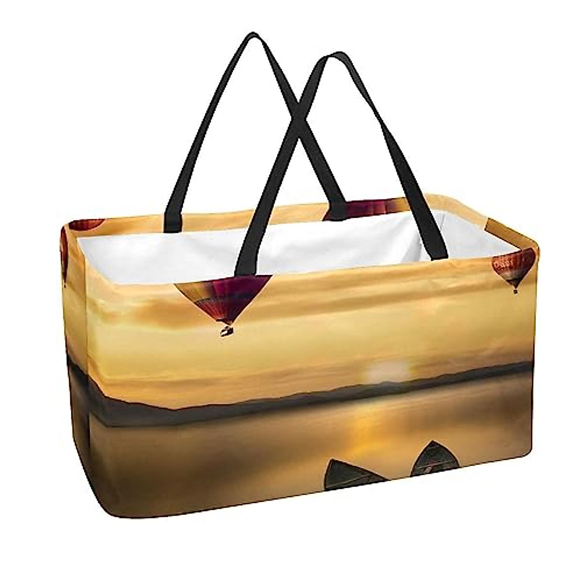 KQNZT Reusable Grocery Bags, Heavy Duty Reusable Shopping Bags, Large Tote Bags with Long Handles and Reinforced Bottom, Lake Boat Hot Air Balloon Sunset