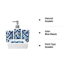 AUANIYAN Ceramic Bathroom Accessories Set, 4 Pieces Modern Design Bath Set Soap Dispenser,Toothbrush Holder, Tumbler,Soap Dish（Blue Mosaic）