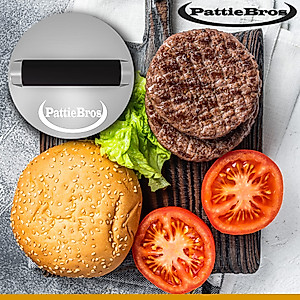 PattieBros Stainless Steel Burger Press 6.2in | Hamburger Press with Rubber Handle | Smash Burger Press for Griddle | Burger Smasher Grill Press | Meat Press | Griddle Accessories Kit | Grill Press