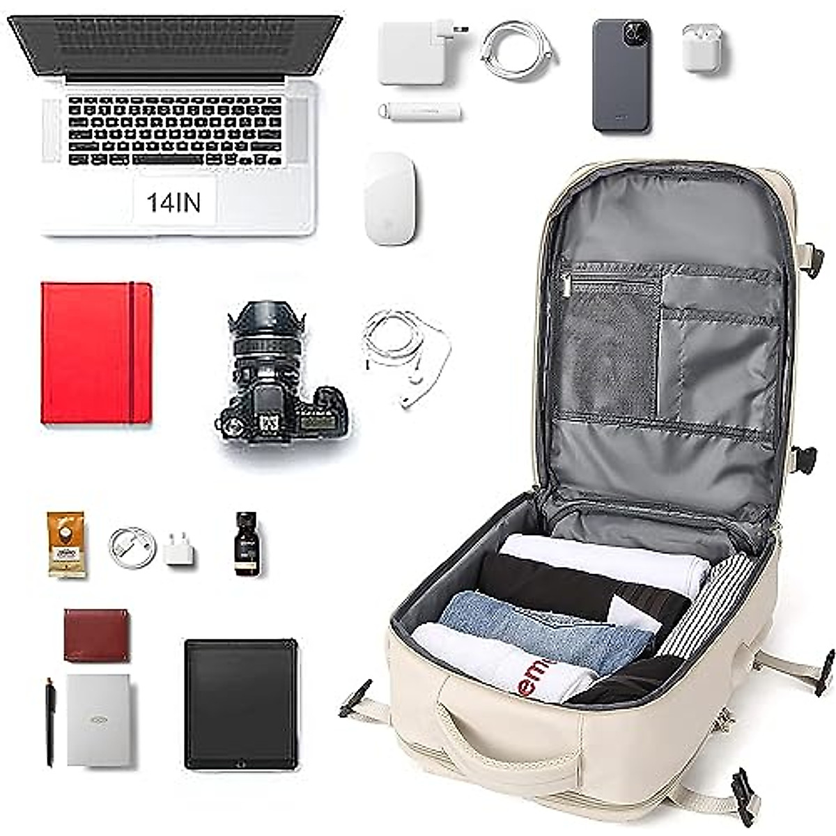 Brabola Travel Backpack, Large Laptop Backpack with USB Charging Port Waterproof College Backpack Hiking Backpack Carry on for Men and Women, Teens, School, Business, Outdoor Sports (Beige)