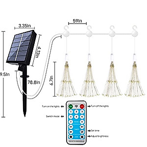 4 Pack Hanging Solar Firework Lights 480 LED Starburst Lights Outdoor Waterproof Copper Wire Lights 8 Modes Remote Control Fairy Lights Decorative for Garden Tree, Eave, Patio, Gazebo (Warm)