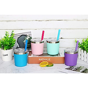 Colorful PoPo Cute Stainless Steel kids Cup with Lids, Silicone Straw Cup for Toddlers, Mini Insulated Stackable Tumblers for Smoothie Milk, Set of 2 (Pink Purple, 8 OZ)