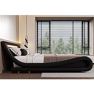 SHA CERLIN Wave-Like Curve Deluxe Upholstered Modern Bed Frame with LED Headboard/Mattress Foundation/No Box Spring Needed/Strong Wood Slats Support/Easy Assemble, Black, King