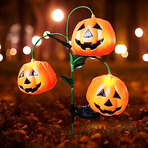 Sunmoony Solar Pumpkin LED Stake Lights for Outdoor Garden, Hanging Pumpkin Lantern for Horror Nights Home Yard Party Halloween Decor (Yellow Light-Small)