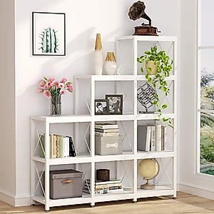 Tribesigns 12 Shelves Bookshelf, Industrial Ladder Corner Bookshelf 9 Cubes Stepped Etagere Bookcase, Rustic 5-Tier Display Shelf Storage Organizer for Home Office (White)