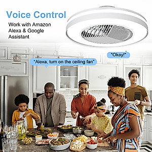 Ceiling Fan with Lights Remote Control,Dimmable Fan Lighting, 20'' Enclosed Bladeless Fan, Semi Flush Mount,2.4GHz Wi-Fi Bluetooth & App Controlled Works with Alexa and Google Assistant (Matte White)