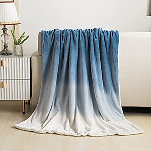 Elegant Comfort Throw Blanket, Reversible Sherpa Flannel, Ultra-Soft, Fuzzy, Cozy and Plush- All Season Lightweight Decorative Throw, 50 x 60 inches, Ombre Design Sherpa Throw, Blue