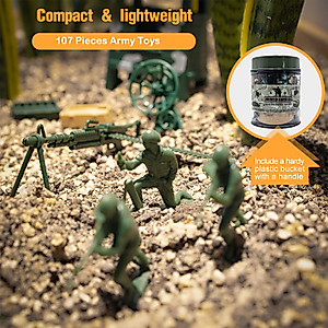 Hautton Toy Army Men Set, 107 PCS Plastic Military Action Figures Combat Battle Playset Bucket with Soldiers, Tank, Plane, Helicopter, Flag, Fence, and Battlefield Gift for Boys Kids Children