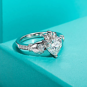 AnuClub 2.33cttw Moissanite Claddagh Irish Ring, Celtic Knot Crown Engagement Ring for Women, D Color and VVS1, 18K White Gold Plated 925 Sterling Silver, Gemstone, Moissanite