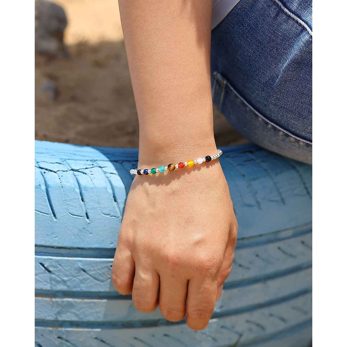 Jewever 7 Chakra Healing Bracelet with Real Stones Sterling Silver Bracelets for Women Crystals and Healing Stones Yoga Meditation Balance Stretch