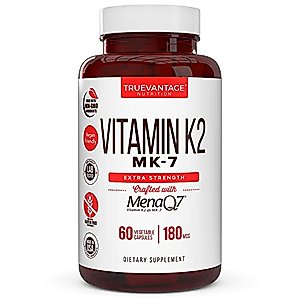 Vitamin k2 MK-7 Supplement 180mcg -Vitamin K2 Supports Bone & Heart Health for Cardiovascular Calcium Absorption from Arteries- 60 Easy to Swallow Vegetable caps of MenaQ7 K2 MK7