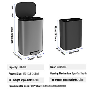 Pouseayar 13 Gallon Stainless Steel Trash Can, Silver Gray, 12.2"L x 17.7"W x 24.8"H