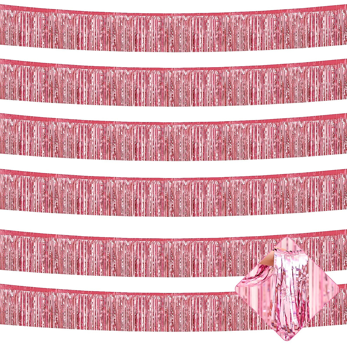 6 Pack 10 Feet Foil Fringe Garland Metallic Tinsel Streamers Banner Wall Hanging Curtain Backdrop for Parade Floats, Bachelorette, Wedding, Birthday, Halloween, Christmas Party Decorations(Pink)
