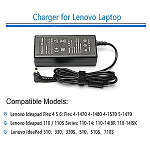 65W AC Adapter Laptop Wall Charger for Lenovo IdeaPad Flex 4 5 6 1470 1480 1570 1580 Lenovo Ideapad 110 110s 310 320 330 330s 510 520 530s 710sYOGA 710 510 Laptops Power Supply Cord