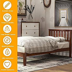 SOFTSEA Twin Bed Frame with Headboard, Farmhouse Kid's Platform Bed Frame with Wood Slat Support, Walnut