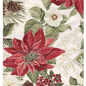 Traditional Christmas Poinsettia and Pinecone Cotton Precut Fabric - One Yard