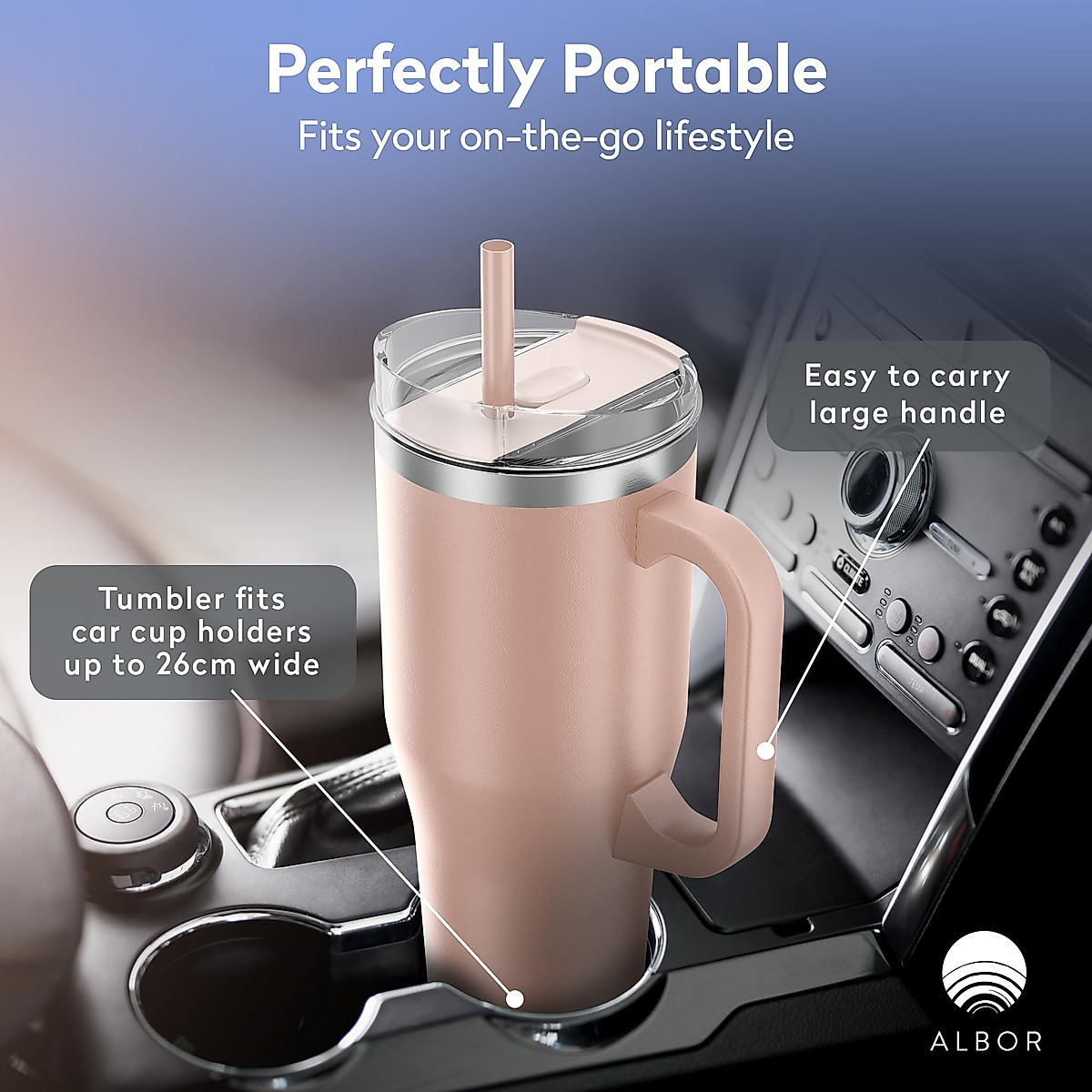 ALBOR 40 oz Tumbler With Lid and Straw, Leak Proof Durable Stainless Steel Insulated Tumbler With Handle, Spill Proof Water Bottles With Straw (Rose Gold, 40 oz)