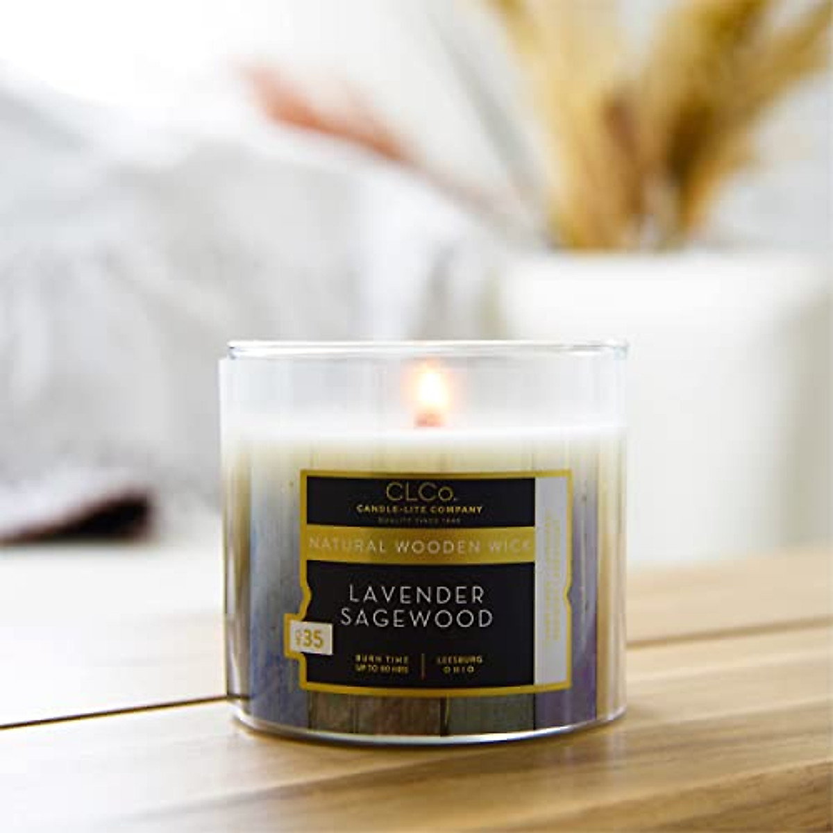 CLCo. by Candle-Lite Company Scented Candles, Lavender Sagewood Fragrance, One 14 oz. Single Wooden Wick Aromatherapy Candle with 90 Hours of Burn Time, White Color