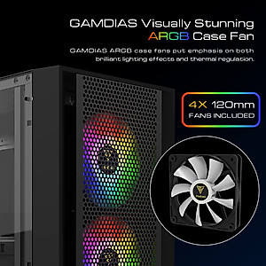 GAMDIAS ATX Mid Tower Gaming Computer PC Case with Side Tempered Glass, 4X 120mm ARGB Case Fans and Sync with 5V RGB Motherboard and Excellent Airflow