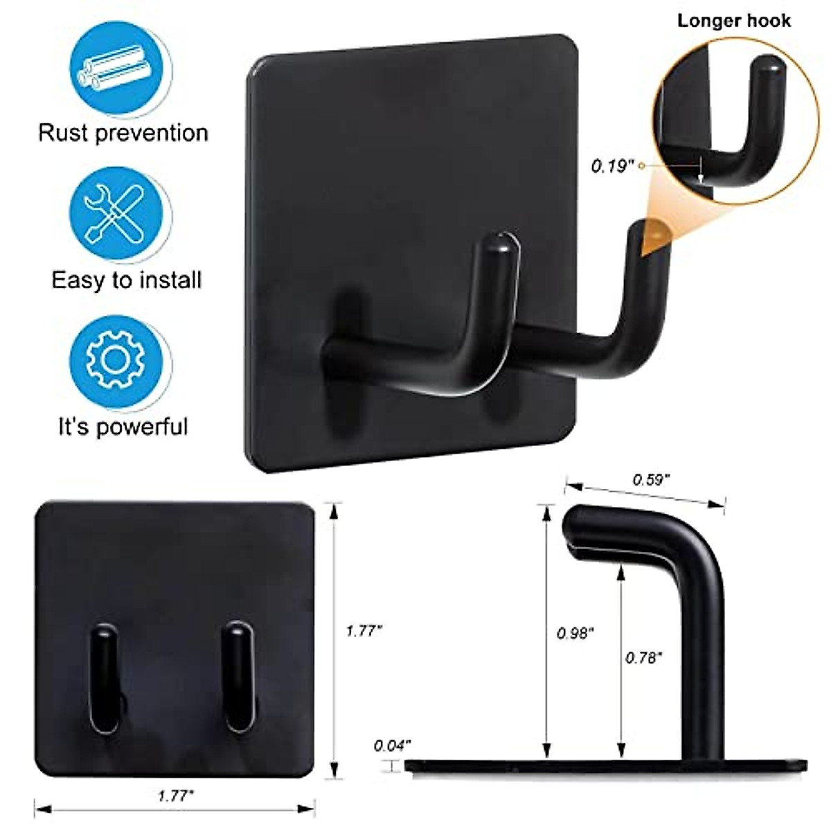 ArtHue Adhesive Hooks, Stainless Steel Razor Holder for Shower Hooks,Heavy Duty Wall Mount Robe Towel Hooks for Bathroom Bedroom Hanging Coat, Hat, Key -Black(6pack)