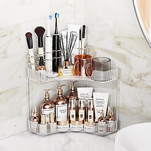 Asayuee 2-Tier Corner Bathroom Counter Organizer with Top Toothbrush Holders,Large Makeup Organizer Countertop with Brush Holder,Skincare Organizers Corner,Exquisite Vanity Organizer(Clear, 2 Tier)