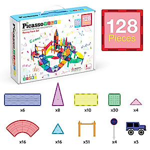 PicassoTiles 128 Piece Race Car Track Building Block Educational Toy Set Magnetic Tiles Magnet Playset 3 LED Car STEM Learning Construction Kit Hand-Eye Fine Motor Skill Training Brain Development