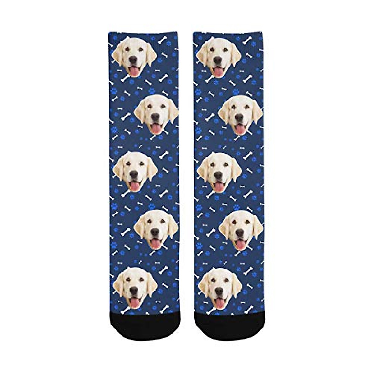 Custom Print Your Photo Pet Face Socks, Personalized Cat and Dog Tracks Paws Bones Navy Blue Crew Socks with Faces for Men Women