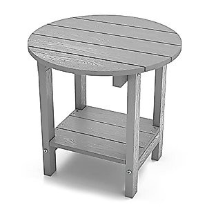 SAKSUN Round Outdoor Side Table, 18 Inch End Table 2-Tier Plastic Adirondack Tables with Storage Shelf, Weather Resistant for Patio,Garden, Porch (Grey)
