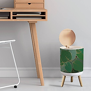 Small Trash Can with Lid Hand drawn emerald green Hosta leaves with copper outline stock 7 Liter Round Garbage Can Elasticity Press Cover Lid Wastebasket for Kitchen Bathroom Office 1.8 Gallon