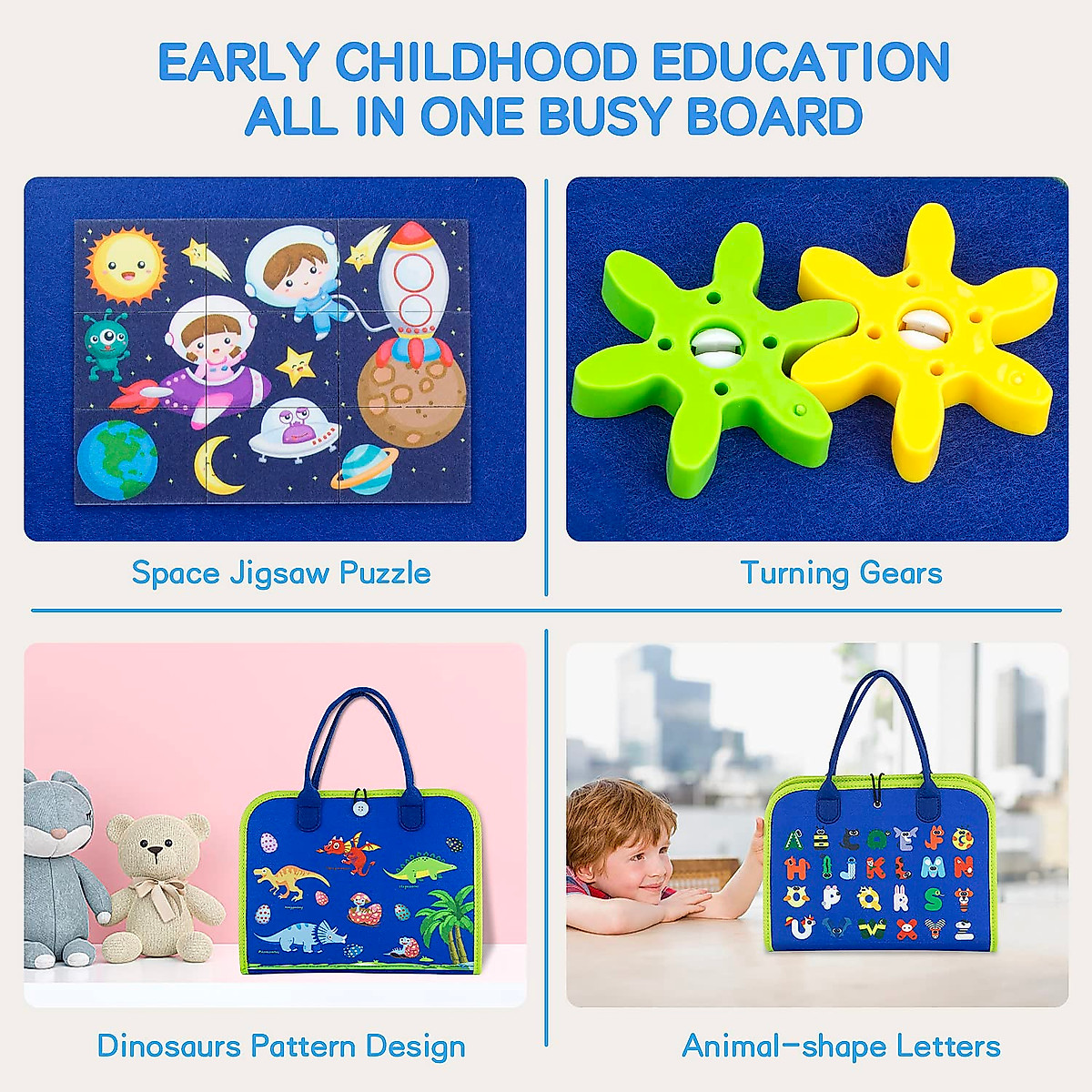 Busy Board Montessori Sensory Toys for Toddlers 1 2 3 4 5 Year Old Boys Girls, Preshool Educational Activity Toy Early Learning Busy Board for Fine Motor Skills, Travel Toys for Plane Car, Blue