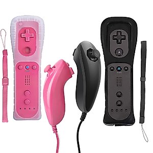 JTao-tec Wii Controller, 2 Packs Wii Controller and Wii Nunchuck for Wii and Wii U Console, with Silicone Case and Wrist Strap (Black + pink)