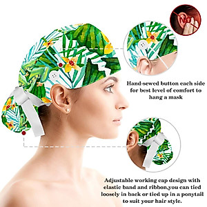 Yellow Flowers Frogs Green Scrub Caps Surgical Women with Button Adjustable Hats Surgical Caps with Scrunchie for Women