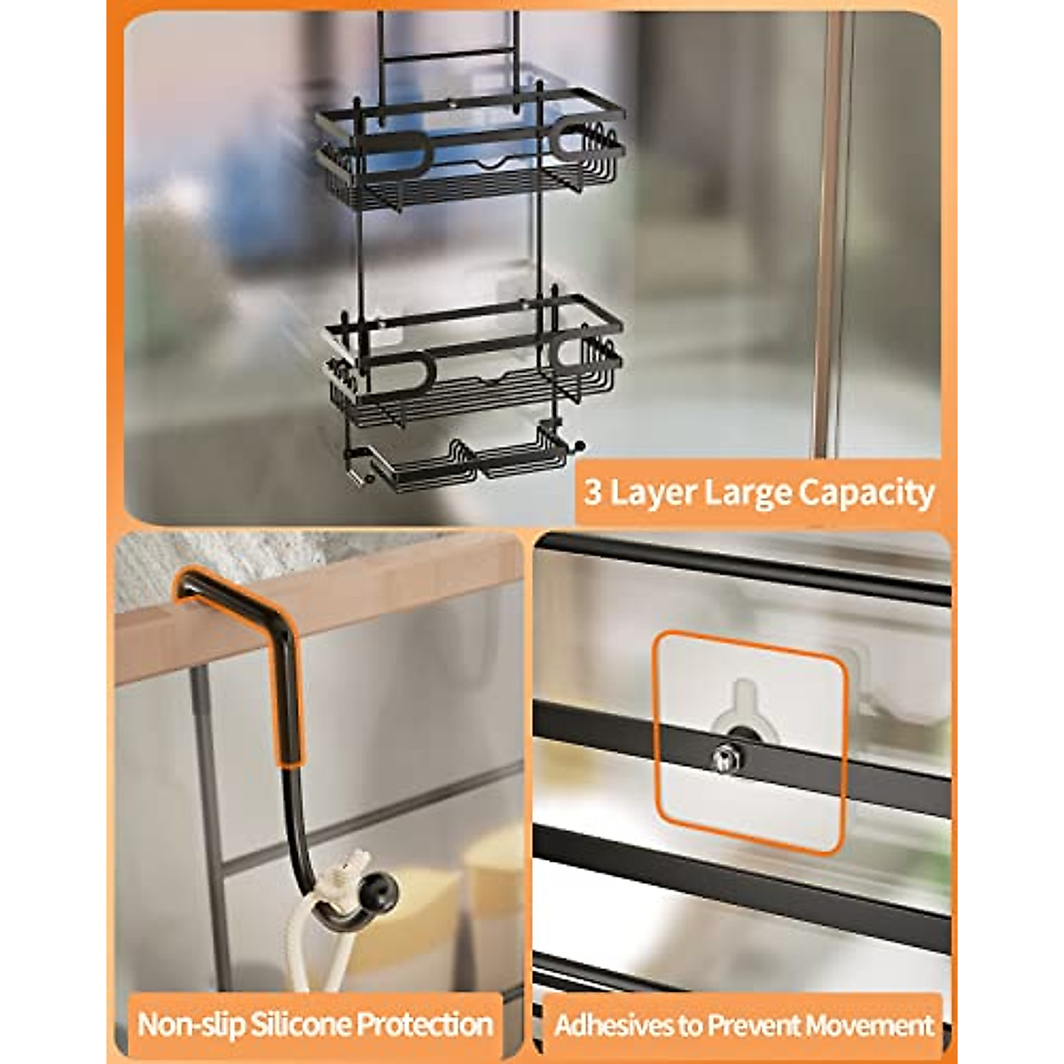 SWTYMIKI Over The Door Shower Caddy With Double Soap Holder, Stainless Steel Hanging Shower Organizer With 16 Hooks No Drilling Hanging Shower Caddy Over Door To Organize Bathroom Essentials, Black