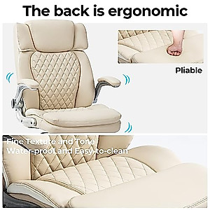 HOMYEDAMIC High Back Office Chair with Adjustable Arms, PU Leather Computer Executive Chairs Big Tall Swivel Ergonomic Adjustable Tilt Angle, Wide Thick Seat, Design for Back Pain(Beige)