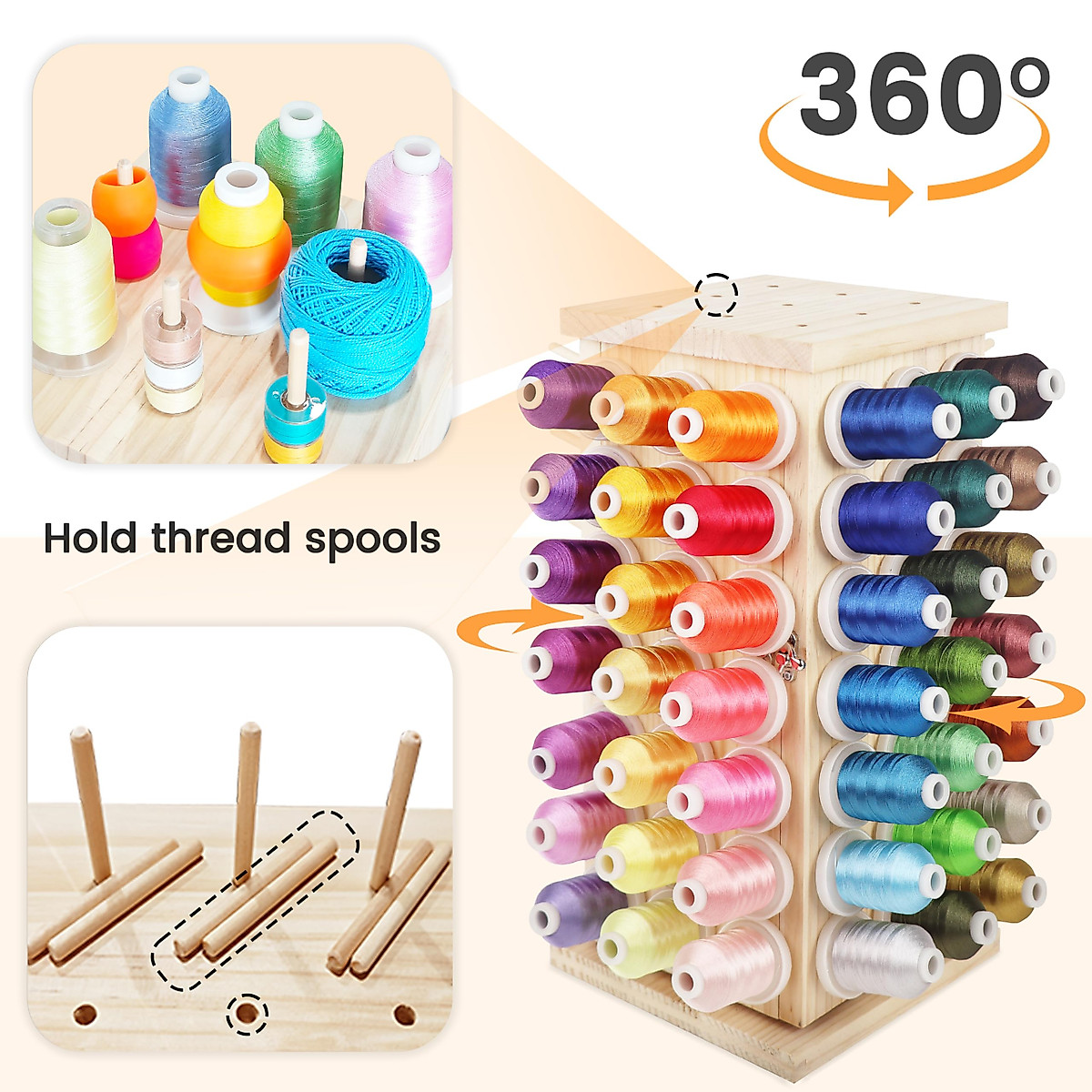 New brothread 93 Spools (DIY) 360° Fully Rotating Wooden Thread Rack/Thread Holder Organizer with Inner Storage Compartments for Sewing, Quilting, Embroidery, Hair-braiding and Jewelry