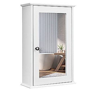 RELAX4LIFE Wall Mounted Bathroom Cabinet, 2-in-1 Mirror Medicine Cabinet w/ 3 Heights Adjustable Shelf & Single Mirror Door Storage Cabinet Over-The-Toilet Storage Organizer (White)