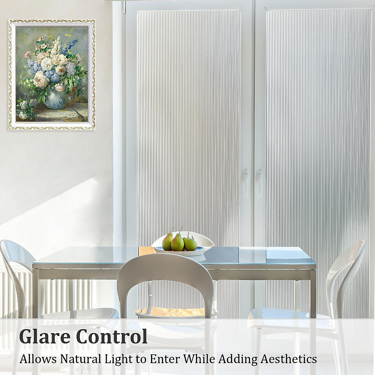 Windimiley Window Privacy Film Reeded Glass Window Clings Frosting Fluted Glass Window Stickers Frosted Bathroom Static Cling Heat UV Blocking Window Tint Decorative Window Coverings, 17.5x78.7 Inch