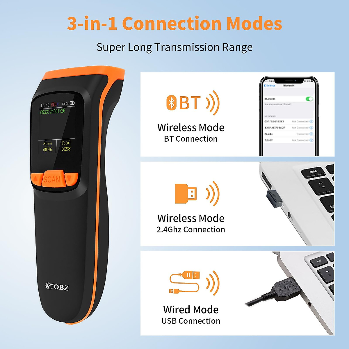OBZ Mini 2D Bluetooth Barcode Scanner with LCD Screen Display, 3-in-1 Bluetooth & USB Wired & 2.4G Wireless Bar Code Scanner Portable QR Code Scanner for Tablet iPhone MacOS Android iOS Windows PC POS