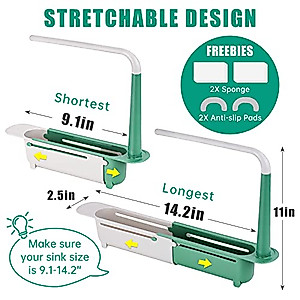 NiHome Multifunctional Telescopic Sink Organizer with Towel Hanger, Drain Basket and Adjustable Length - Ideal for Kitchen, Bathroom and Home Storage (Green/White)