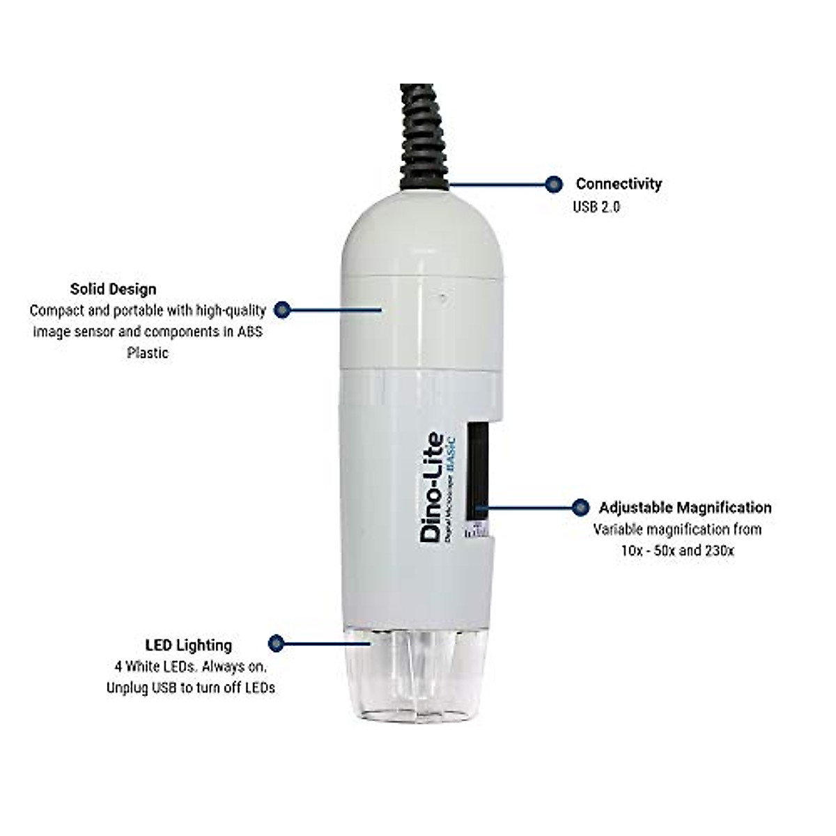 Dino-Lite USB Digital Microscope AM2111-0.3MP, 10x - 50x, 230x Optical Magnification, 4 LEDs