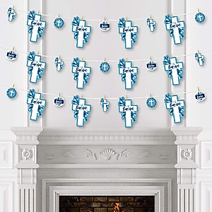 Big Dot of Happiness Baptism Blue Elegant Cross - Boy Religious Party DIY Decorations - Clothespin Garland Banner - 44 Pieces