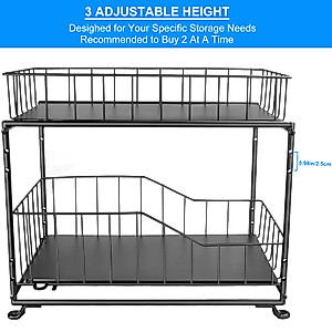 Pull Out Cabinet Organizer, 2 Tier Under Sink Organizers and Storage With Sliding Baskets, Stackable Iron Under Sink Storage for Kitchen, Bathroom, Cabinet, Countertop, Office and More, 1 Pack, Black