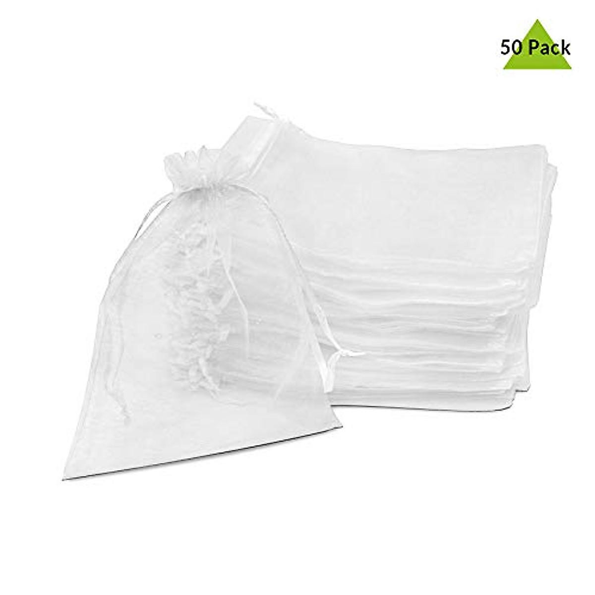 Organza Bags - 50 Pack 5x7 Inch Small Sheer Drawstring Pouches, Mini White Sachet Mesh Cloth Bags in Bulk for Business, Party Favor Gifts, Jewelry, Soap, Lip Gloss, Weddings, Candy, Treats