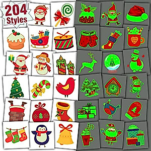 Partywind 204 PCS Individually Wrapped Glow Christmas Tattoos for Kids Stocking Stuffers, Christmas Party Decorations Favors Gifts, Xmas Holiday Goodie Bag Fillers Games Toys