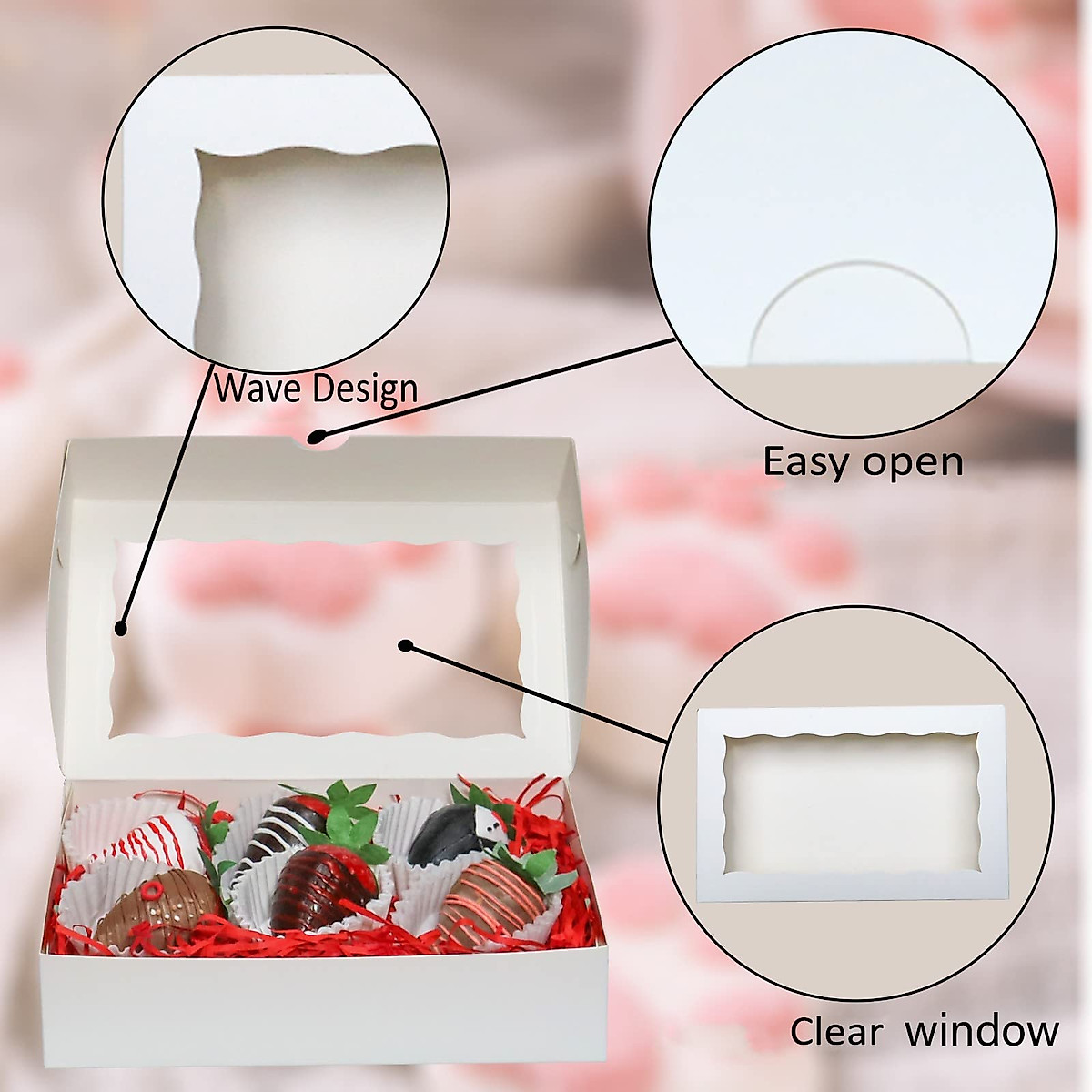 JCXGRVC 50PCS 8x5x2 Inch Chocolate Covered Strawberries Boxes Bakery Boxes with Window for Chocolate Truffle,Donut, Browines Cookies,Cakesickle &Christmas Valentine's Easter Mother's Day