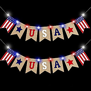 2 Pack American Flag Burlap Banner with Light, 4th of July Decorations US Banner Bunting Red White Blue Lights fourth july Decoration for Home Indoor Outdoor Independence Day Party Supplies