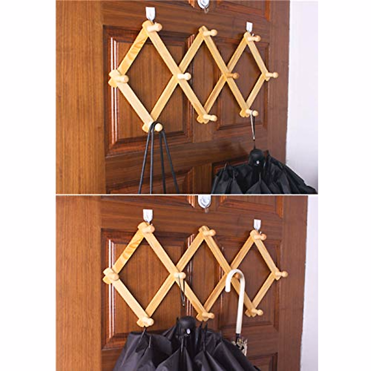2 Pack10 Hook Coat Hooks, Wooden Expanding Accordion Style Wall Mounted Hook,Wooden Pegs Folding Wall Hanger Stand for Cap,Belt,Umbrella,Coffee Mug,Keys, Home Organization Storage Rack, Storage Holder